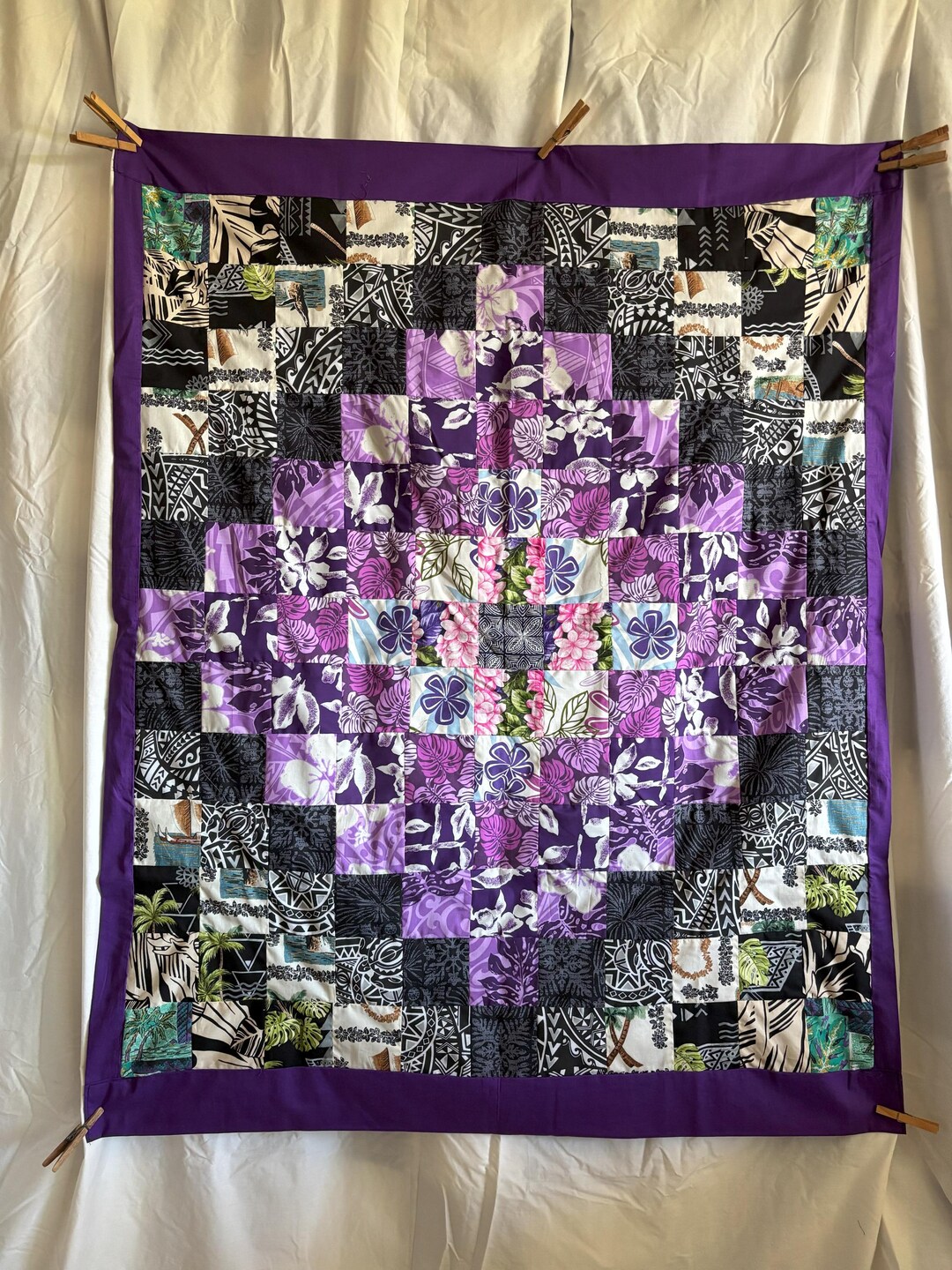 Hawaiian Print Patchwork Quilt | Lap Blanket | Baby Blanket | Diamond ...