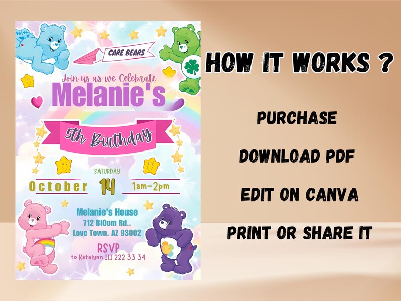 Care Bears Birthday Invitation, Printable Editable Birthday Party ...