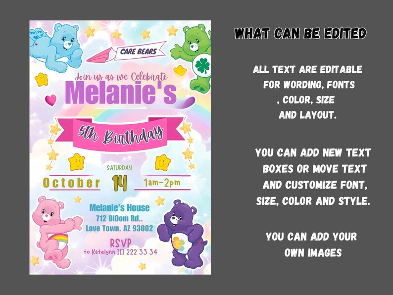 Care Bears Birthday Invitation, Printable Editable Birthday Party ...
