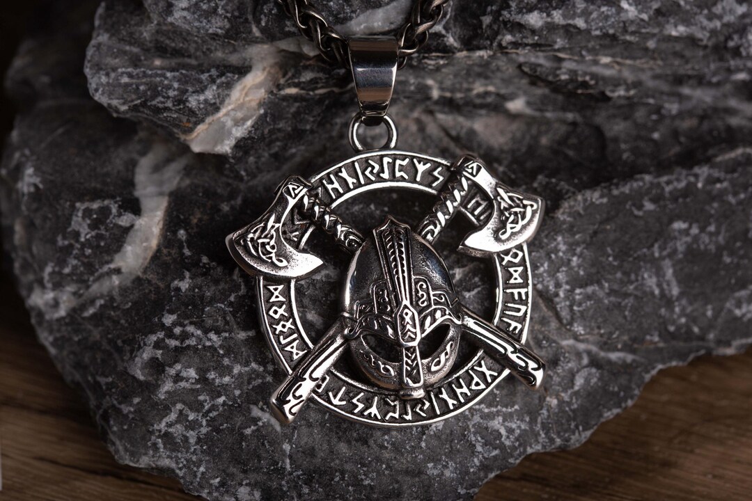 Viking Helmet and Valknut Cross Axes Necklace, Norse Warrior Pendant ...
