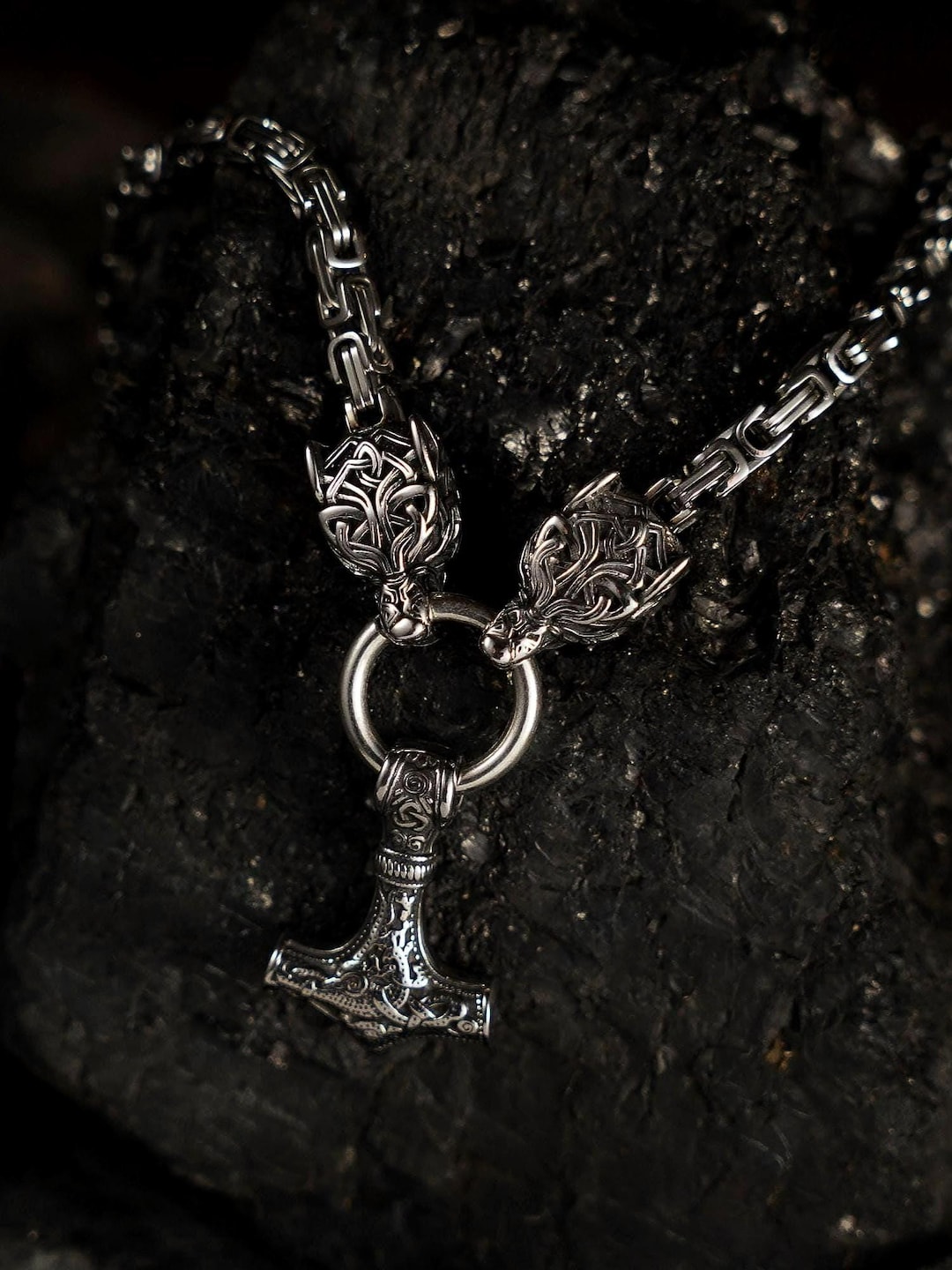 Viking Wolf Chain With Mjolnir Pendant, Wolf Heads Necklace, Thor’s ...