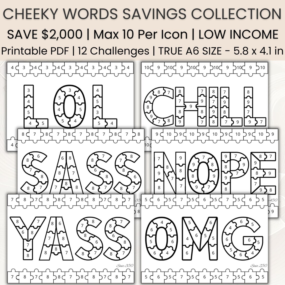 Words Savings Challenge Bundle | Money Tracker | Cheeky Words Puzzle ...