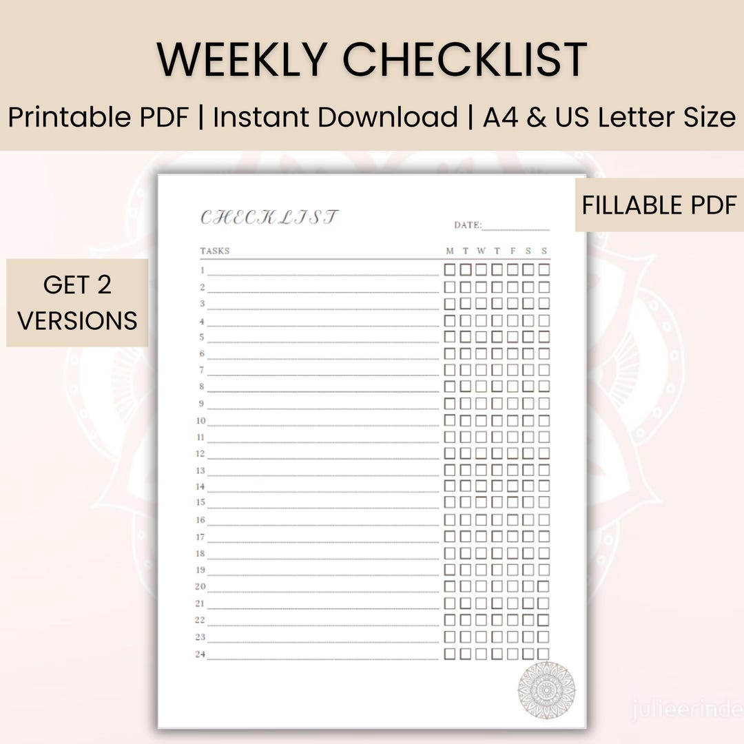 Fillable Weekly Checklist Template | Daily Task Checklist | Editable ...