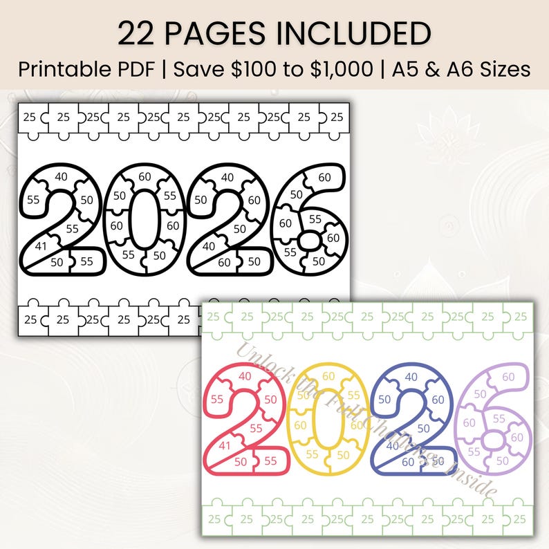 Puzzle Savings Challenge Bundle | 2026 Savings Printable | Rainbow and ...
