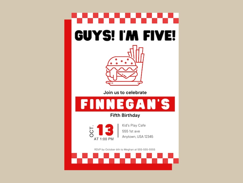 Guys I'm Five Birthday Invitation - Burger Theme (custom Digital Invite ...