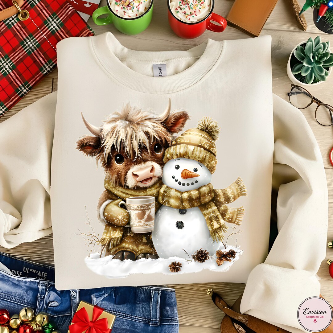 Cute Highland Cow & Snowman PNG – Cozy Winter Cow Clipart for T-shirts ...