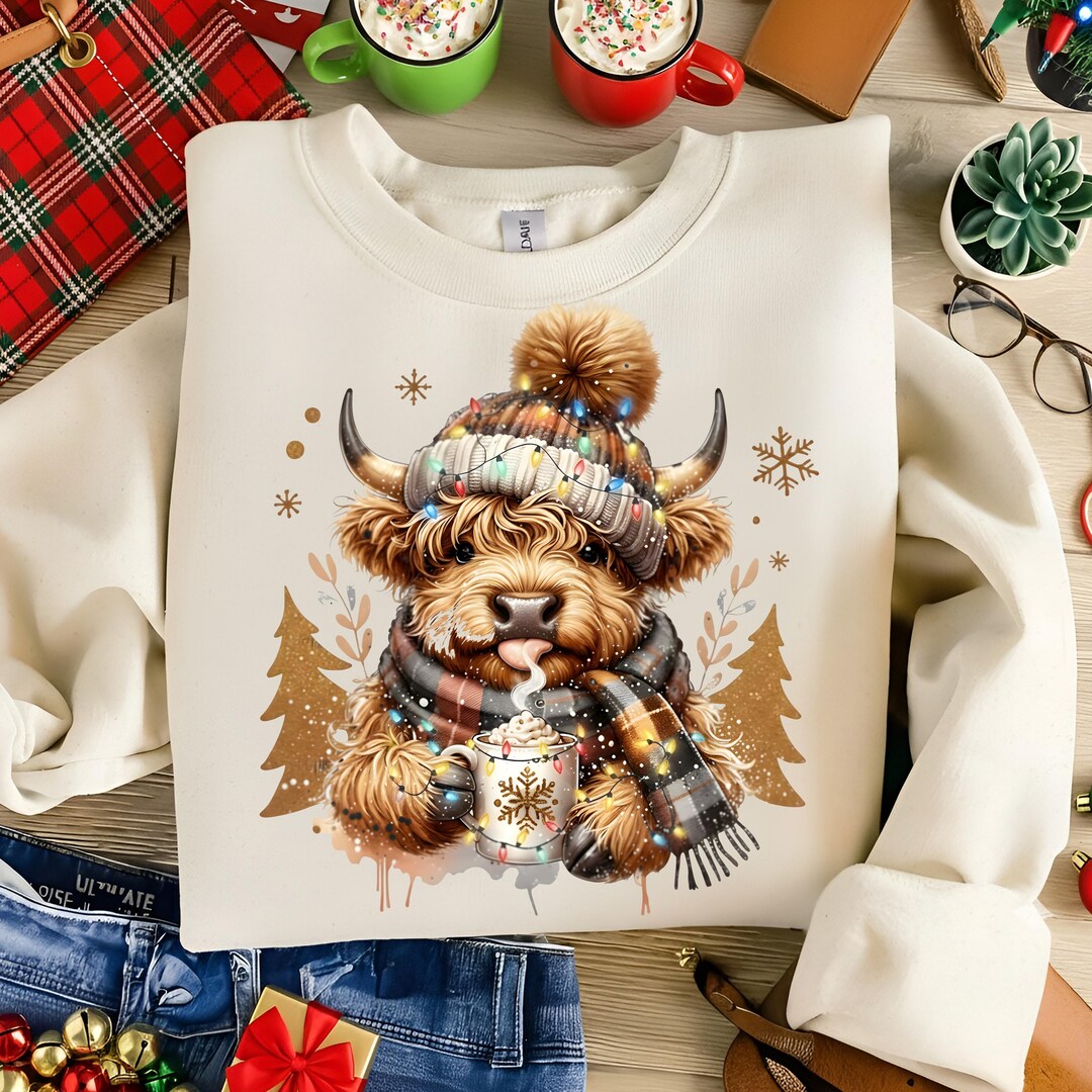 Cozy Cocoa Highland Cow PNG, Christmas Cow Sublimation, Cute Cow ...