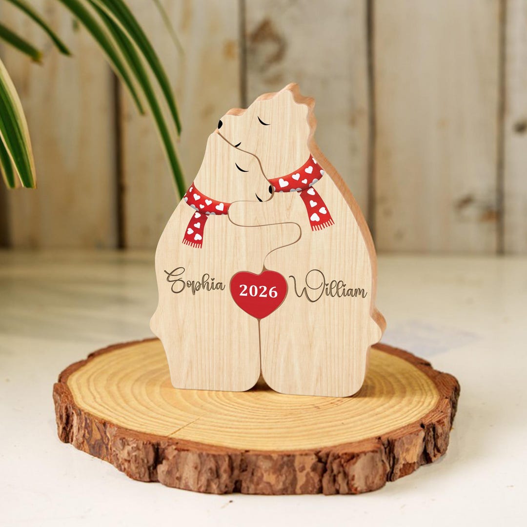 Custom Wooden Bear Puzzle With Names and Year, Romantic Valentine Gift ...