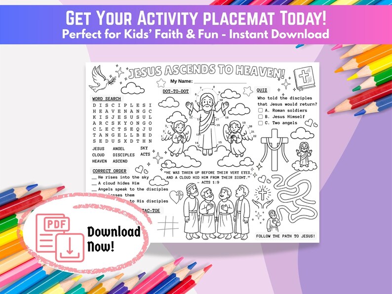 Jesus' Ascension Bible Activity Placemat for Kids – Printable Games ...