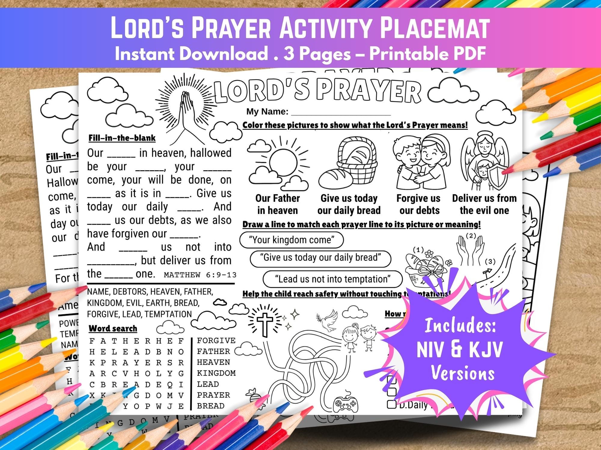 Lord's Prayer Activity Placemat: Christian Games & Coloring (digital ...