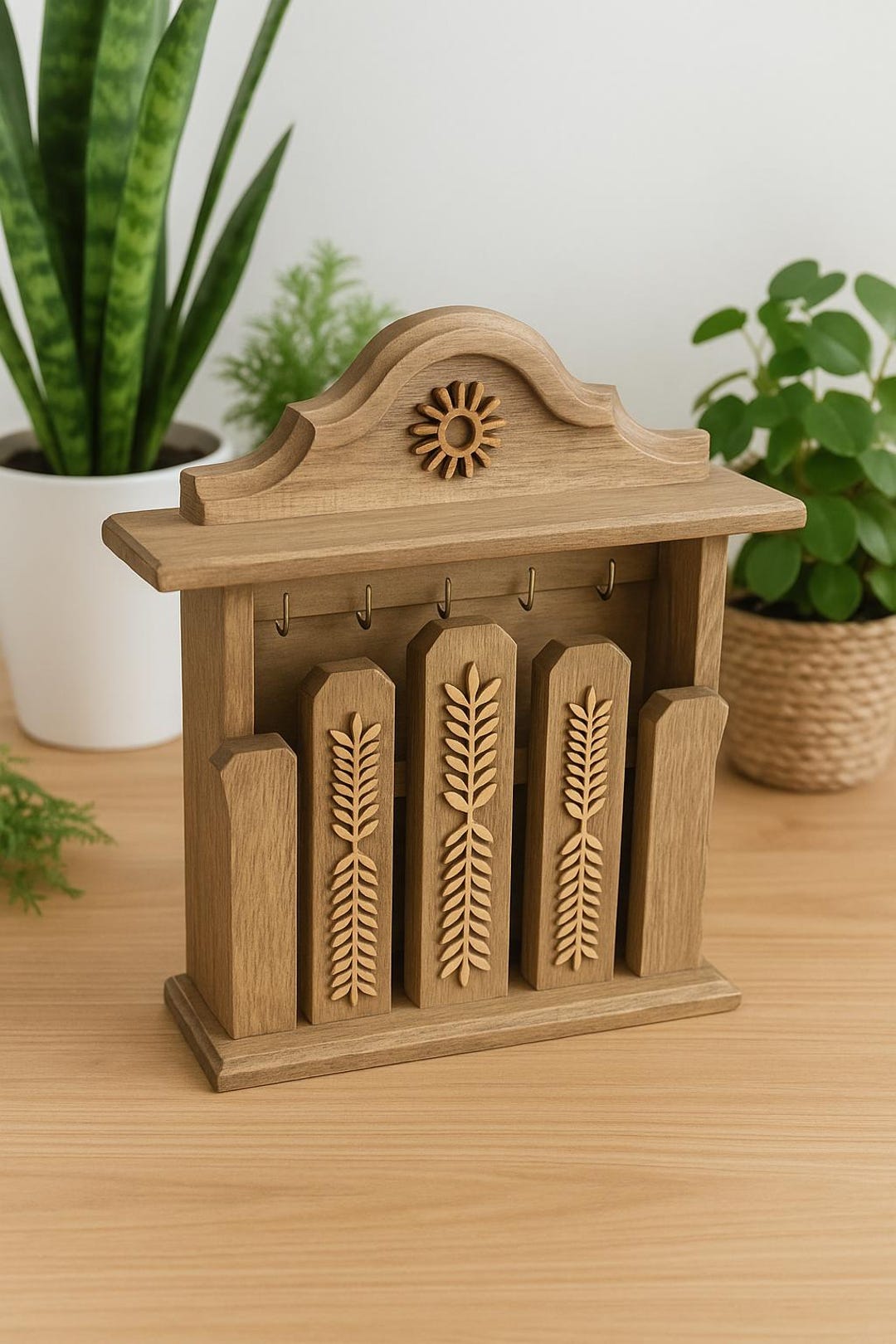 Handcrafted Wooden Key Cabinet With Fence Door, 8 Hooks, Rustic Cottage ...