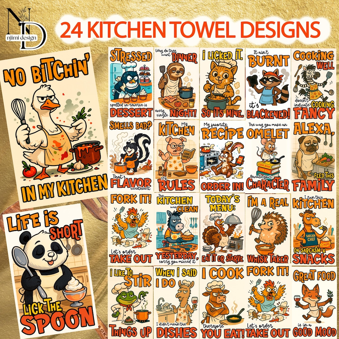 Funny Kitchen Towel Designs Bundle: Humorous Dish Towels, Farmhouse ...