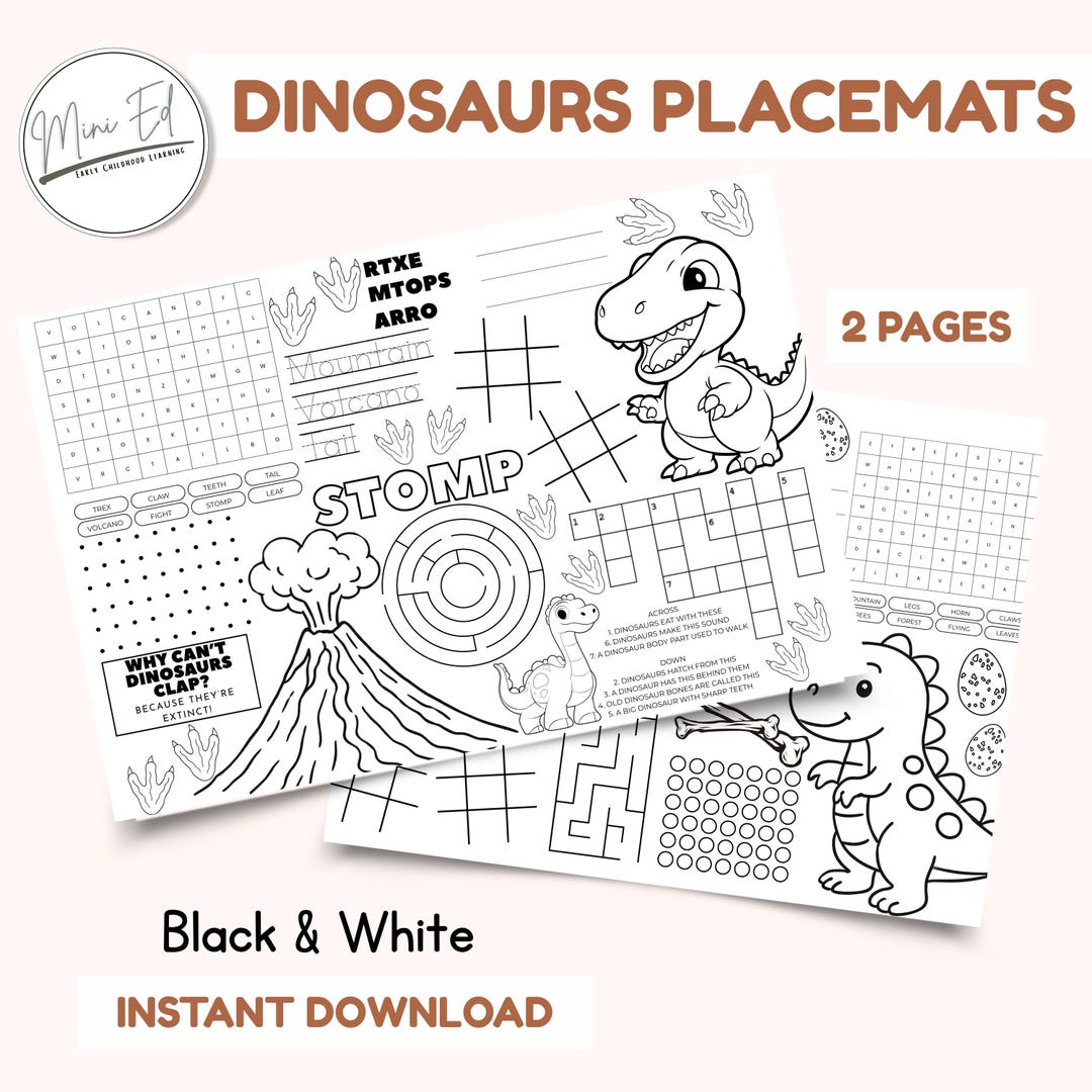 Dinosaurs Activity Placemats | Printable Games | Instant Download - Etsy