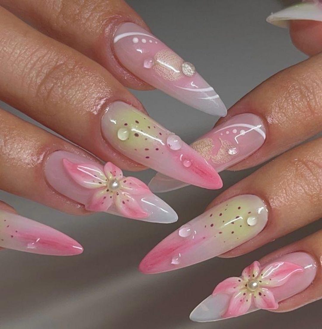 Cherry Blossom Aesthetic Press on Nails Blush Pink 3D Flower Fake Nails ...