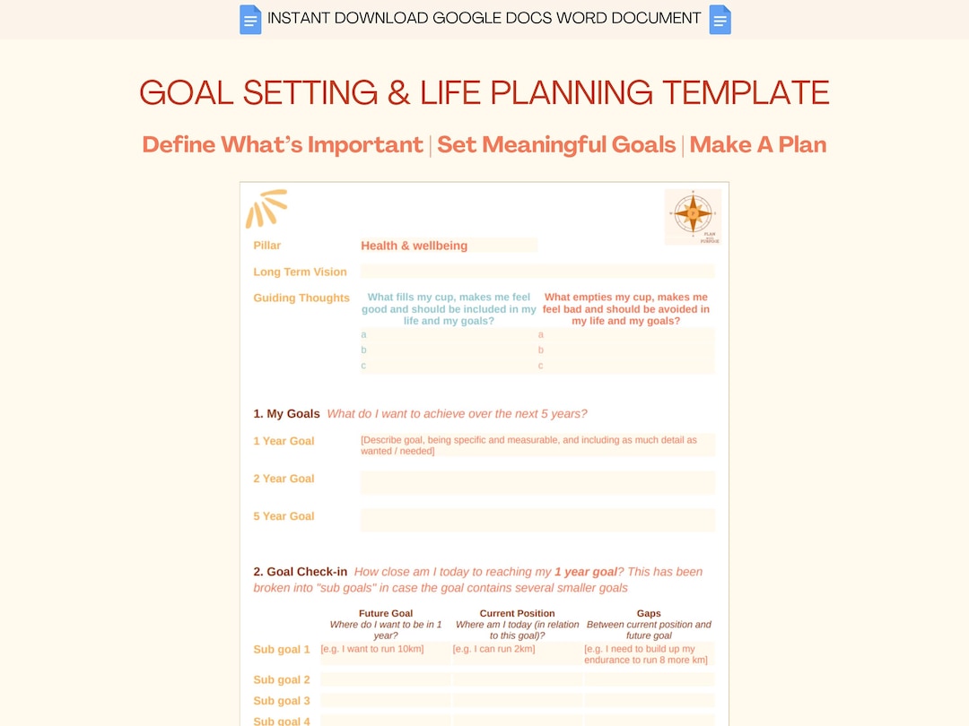 Goal Setting Template for Life Goals and Life Planning, Personal ...