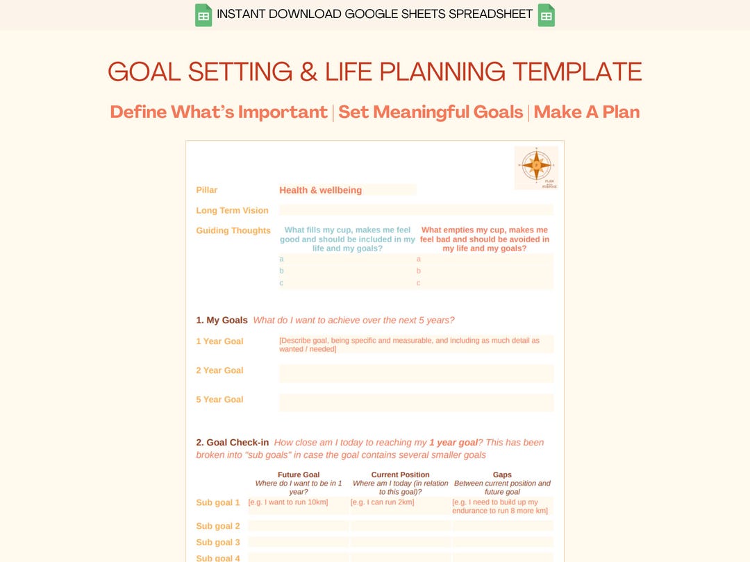 Goal Setting Template for Life Goals and Life Planning, Personal ...