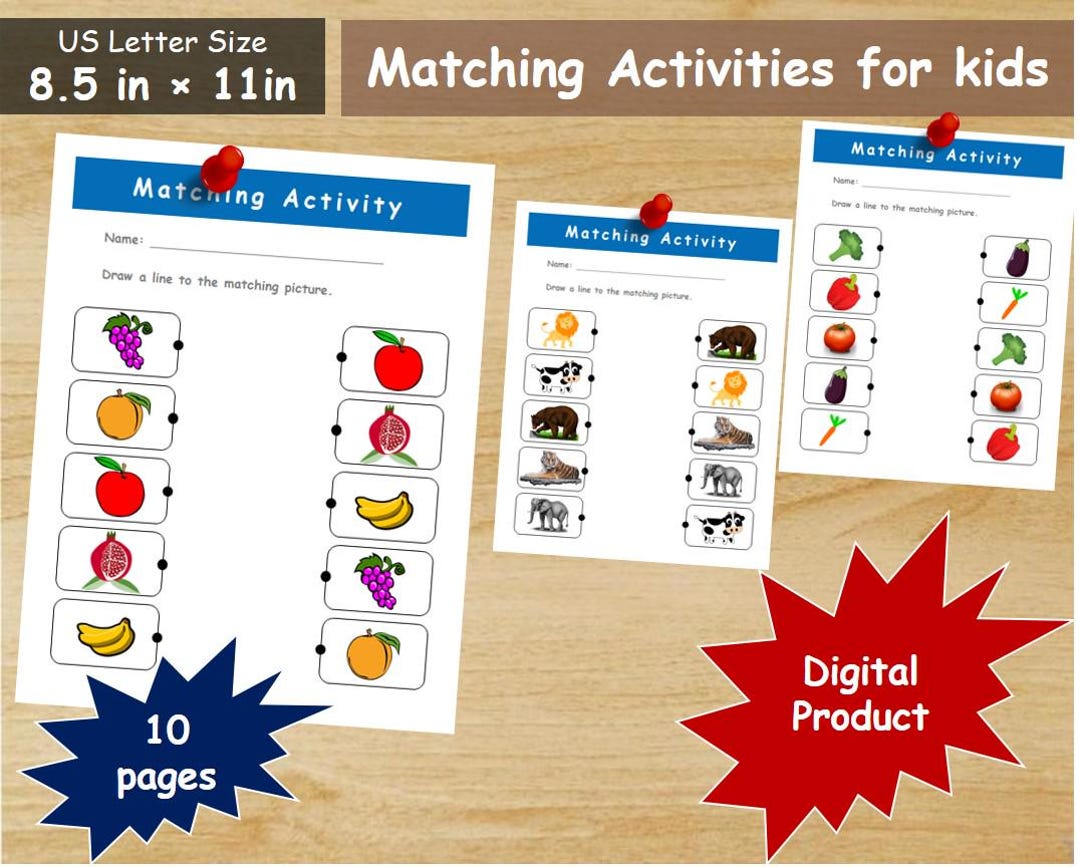 10 Matching Worksheets, Preschool Activity for Kids, Matching Work ...