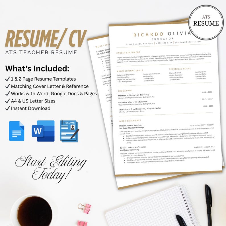 Teacher Resume Template | Editable CV for Educators | Instant Download ...