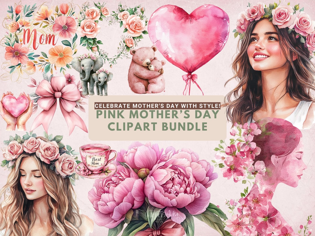 Pink Mother’s Day Clipart Bundle | 22 High-quality PNG Files | Mother ...