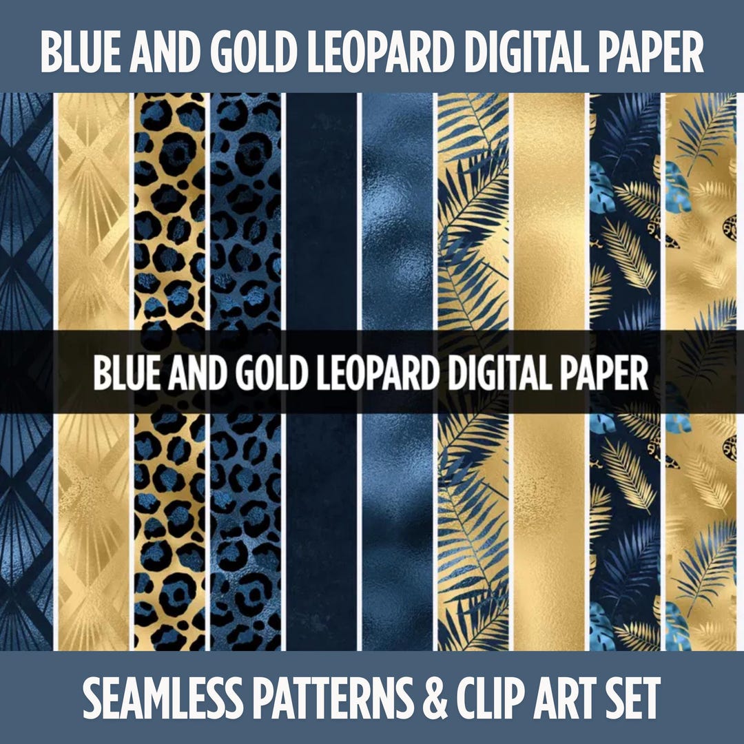 Blue and Gold Leopard Digital Paper - Seamless Animal Print Patterns ...