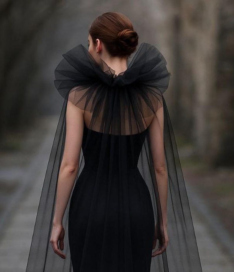 Gothic Black Tulle Cape With Dramatic Ruffle Collar – Floor-length ...