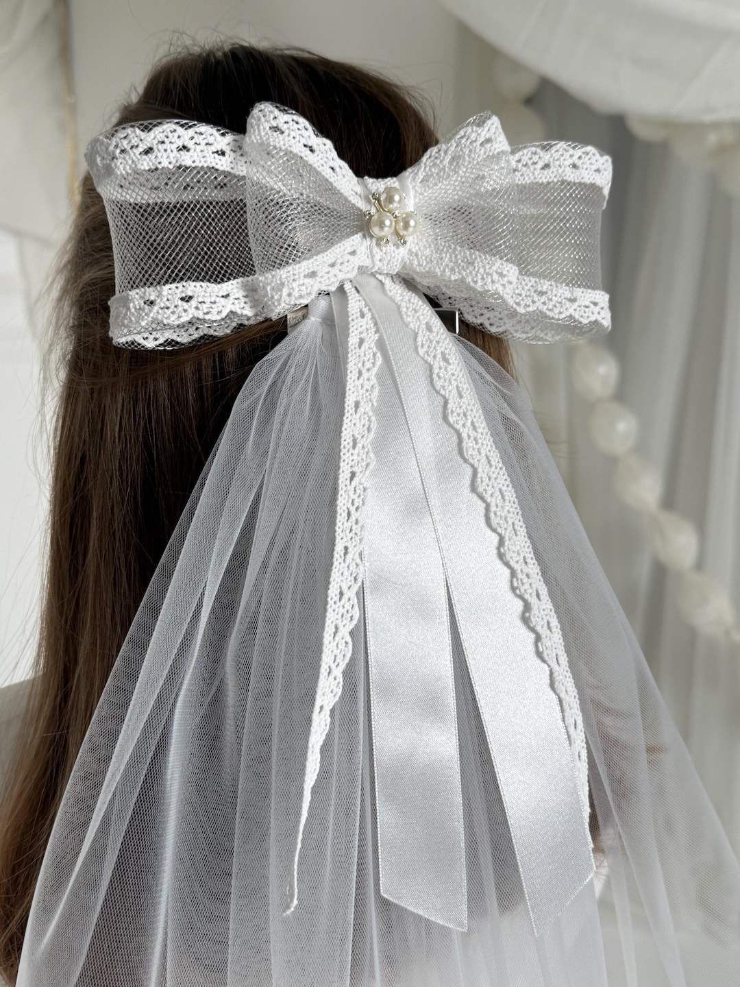 Lace Hair Bow Veil for First Communion – White Hair Bow With Veil for ...
