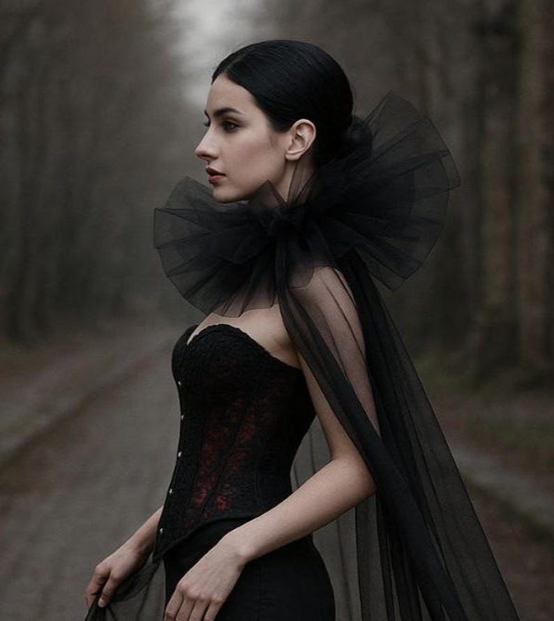 Gothic Black Tulle Cape With Dramatic Ruffle Collar – Floor-length ...