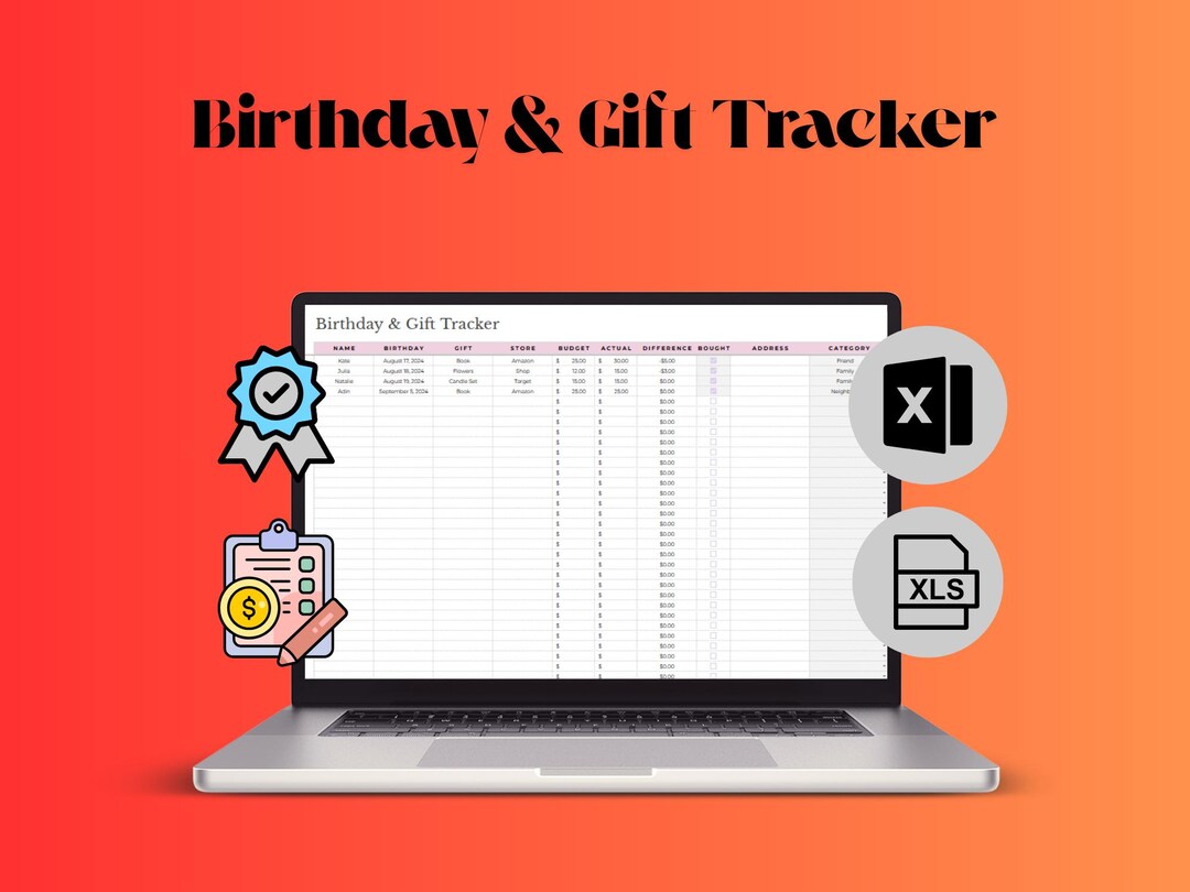Birthday and Gift Tracking Spreadsheet Excel Template | Yearly Birthday ...