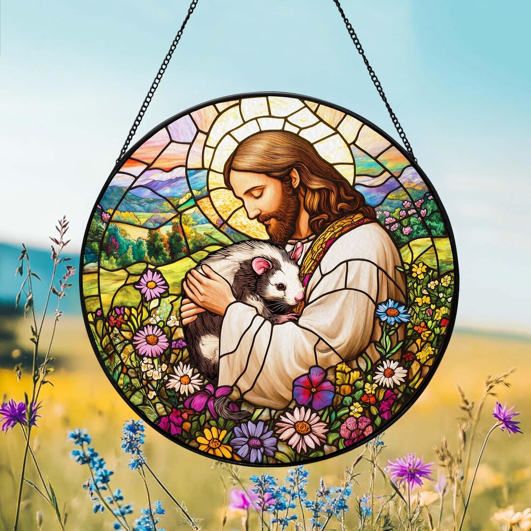 Jesus Hugging Opossum Faux Stained Glass Suncatcher - Etsy