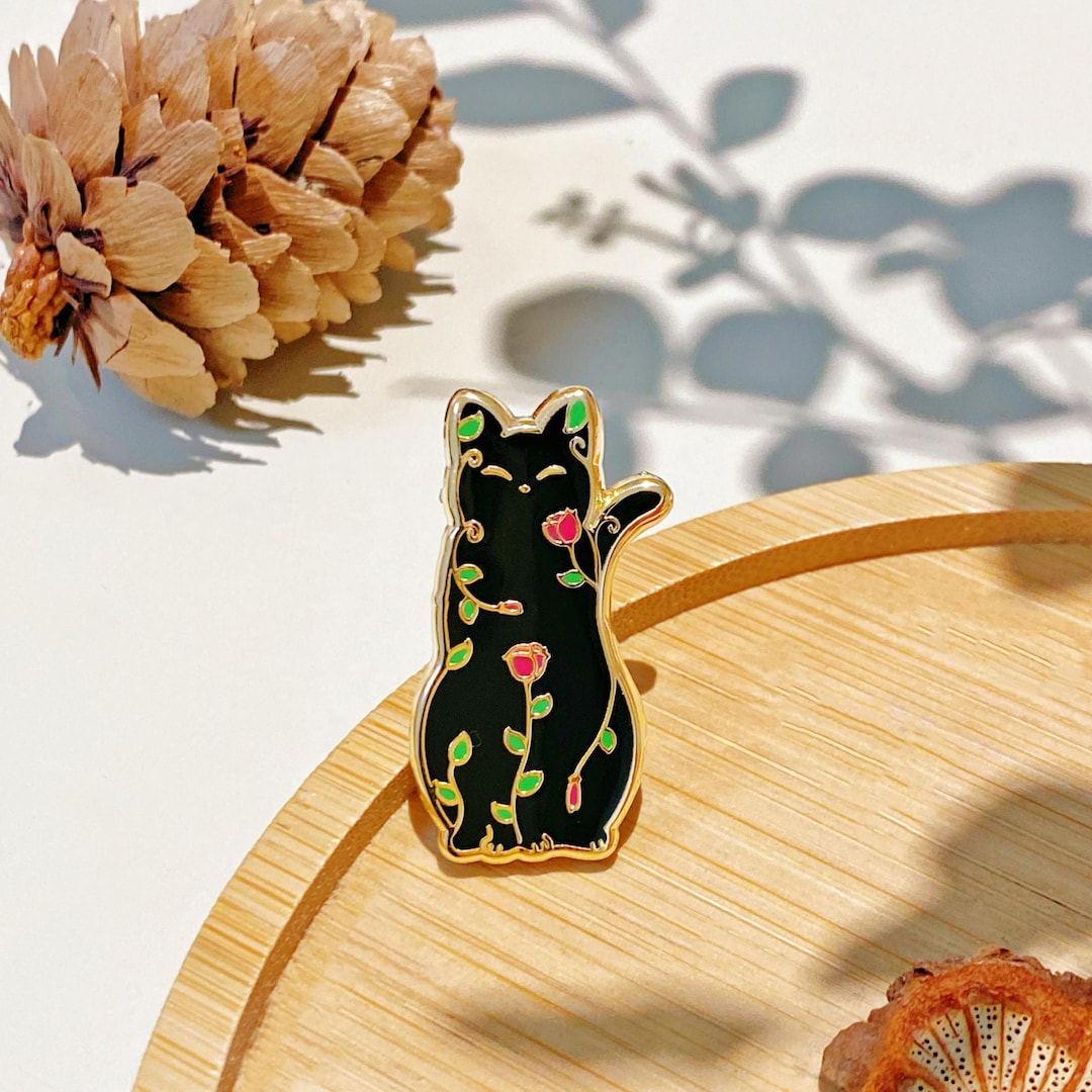 Rose Black Cat Hard Enamel Pin - Romantic Floral Vine Kitty Brooch ...
