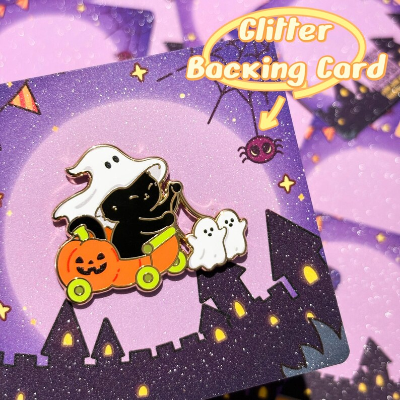Pumpkin Sled Black Cat Halloween Enamel Pin - Spooky Chubby Kitty With ...