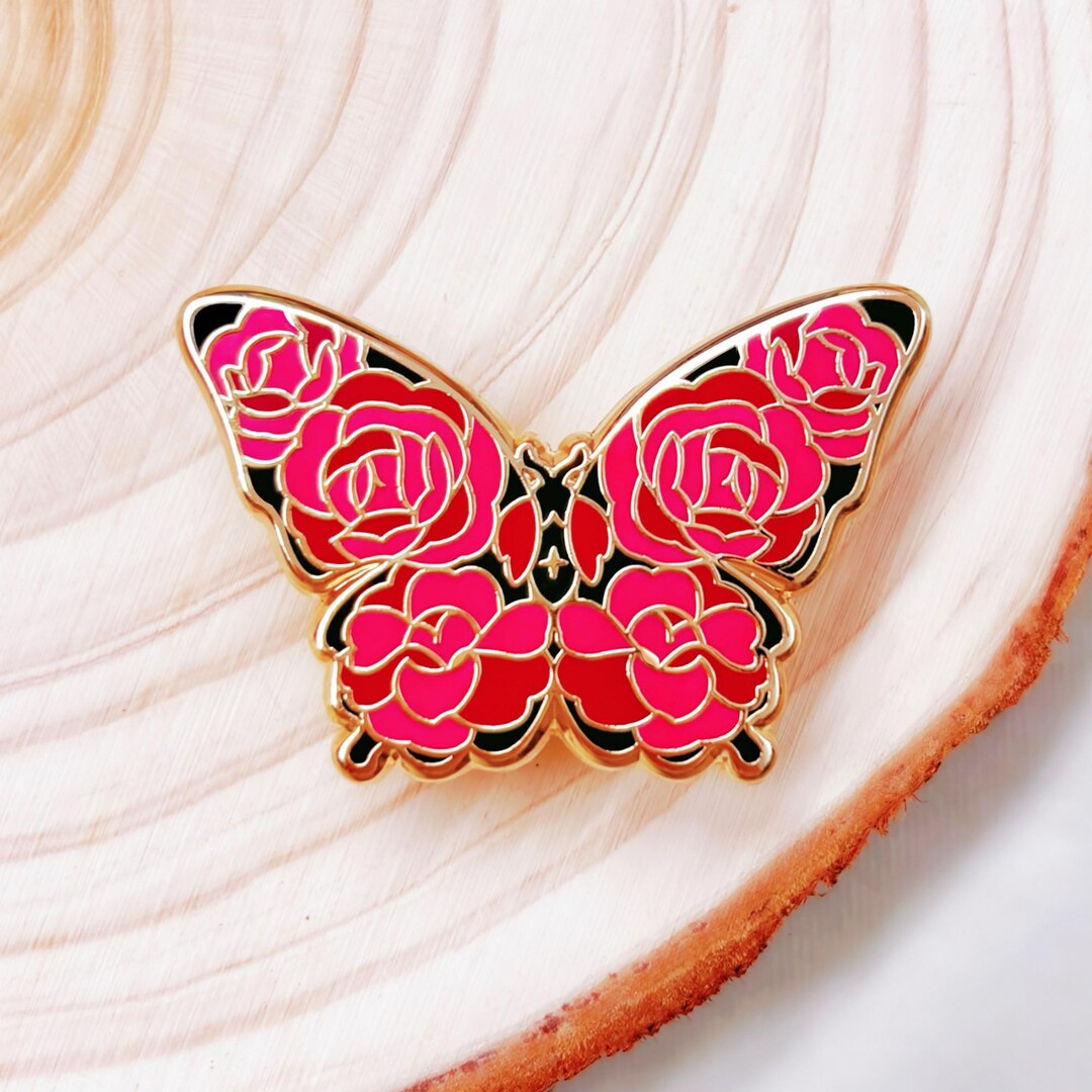 Swallowtail Butterfly Enamel Pin - Wings With Red Rose Floral Blooms ...