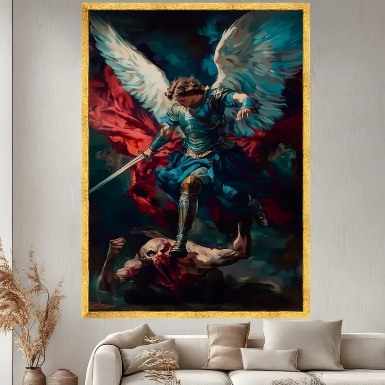 Archangel Michael Fighting Demon Canvas, Spiritual Warrior Wall Art ...