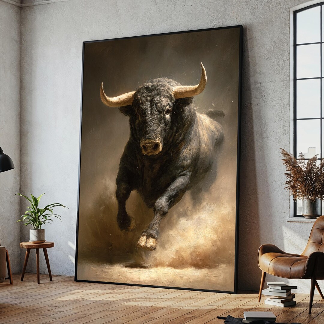 Charging Bull Canvas Wall Art – Powerful Animal Painting, Ready to Hang ...