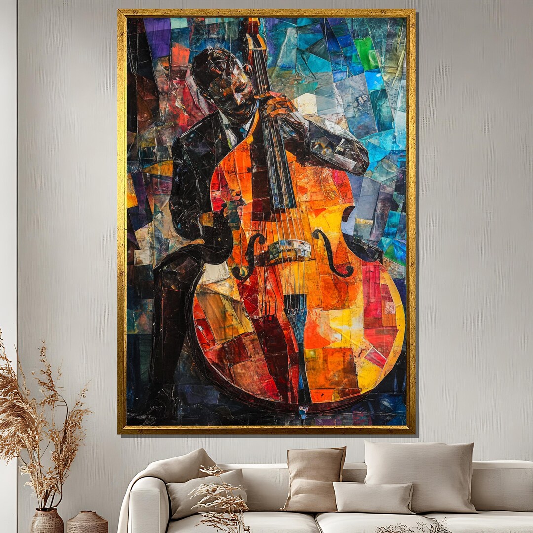 Abstract Cello Player Canvas Painting, Vibrant Music Wall Art, Jazz ...