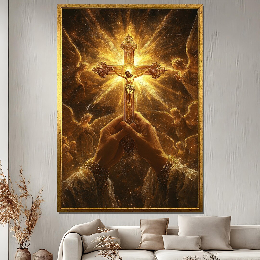 Golden Cross Wall Art, Jesus Crucifix Print, Christian Home Decor, Religious Canvas, Angelic ...