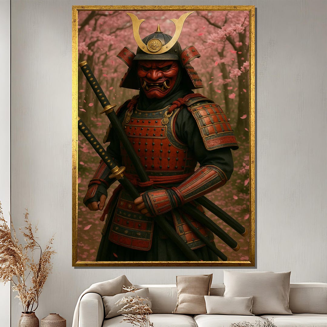 Cherry Blossom Samurai Canvas Painting – Red Armor Warrior Wall Art ...