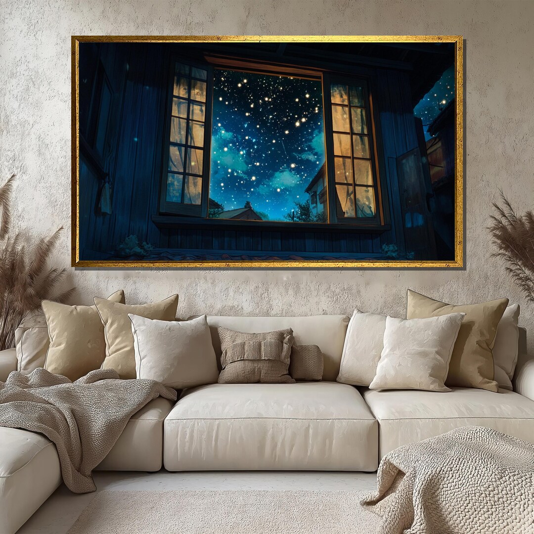 Starry Night Window Canvas Painting, Dreamy Sky Wall Art, Celestial ...