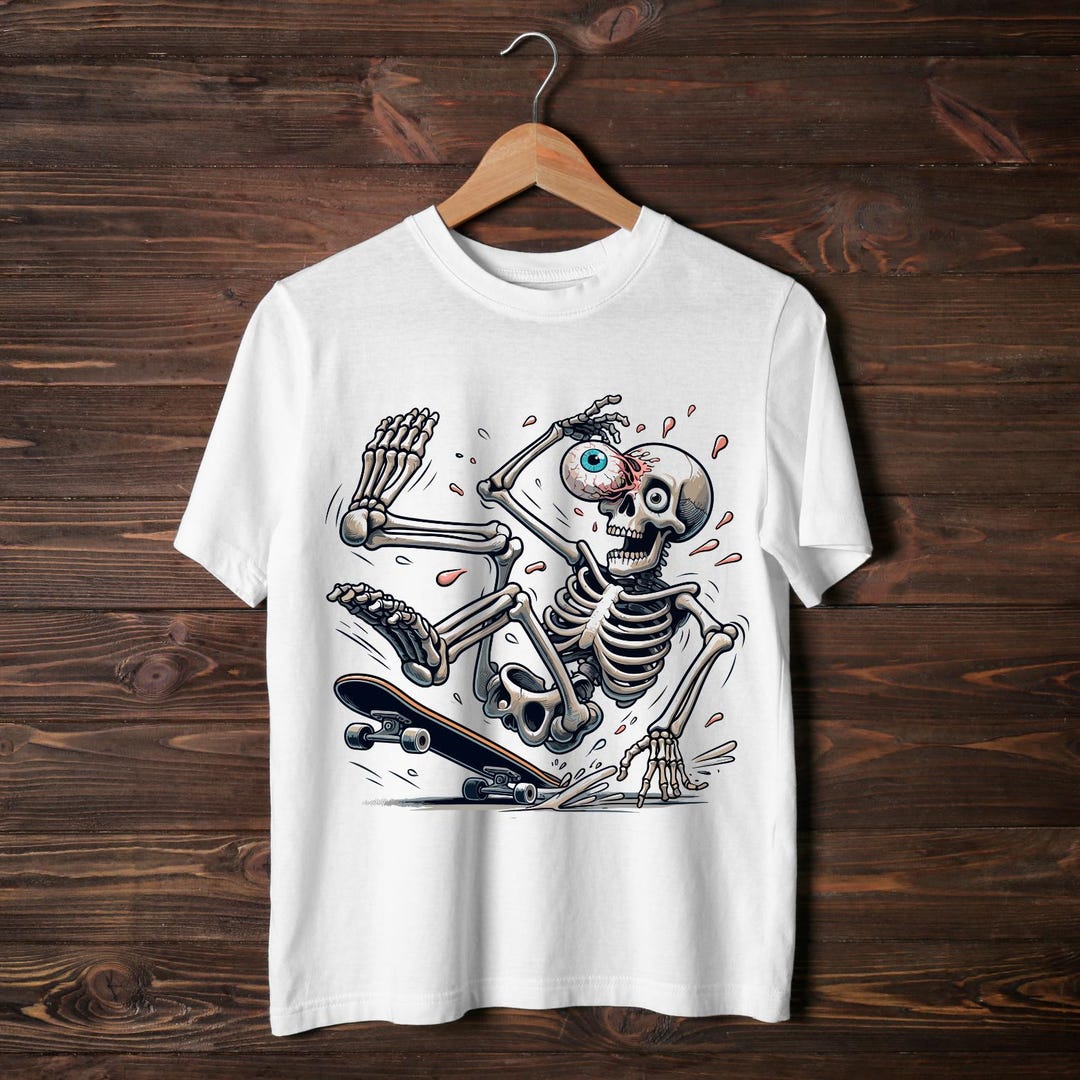 Funny Skeleton Skateboard Fail T-shirt – Hilarious Skater Skull Graphic ...