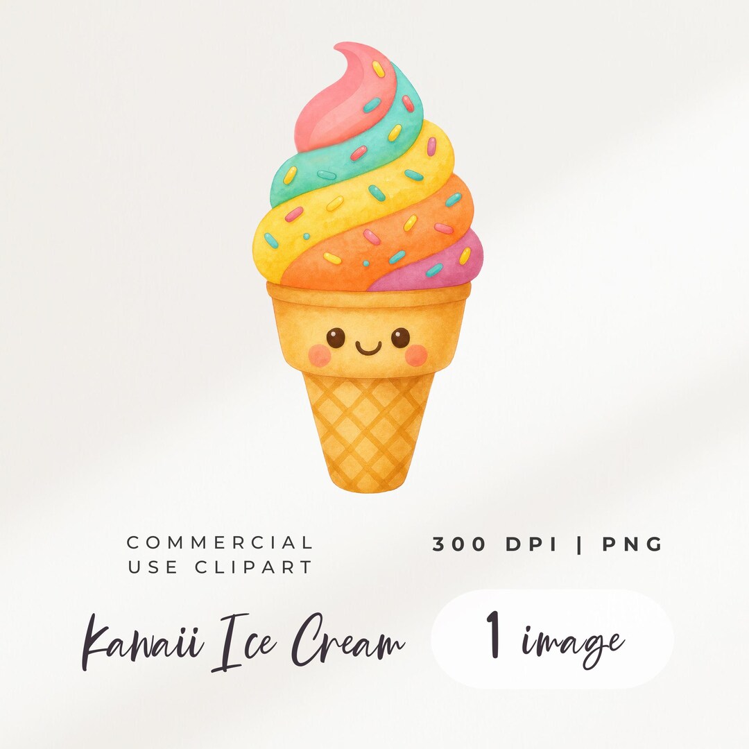 Kawaii Ice Cream Clipart – Cute Dessert PNG, Rainbow Ice Cream Cone ...