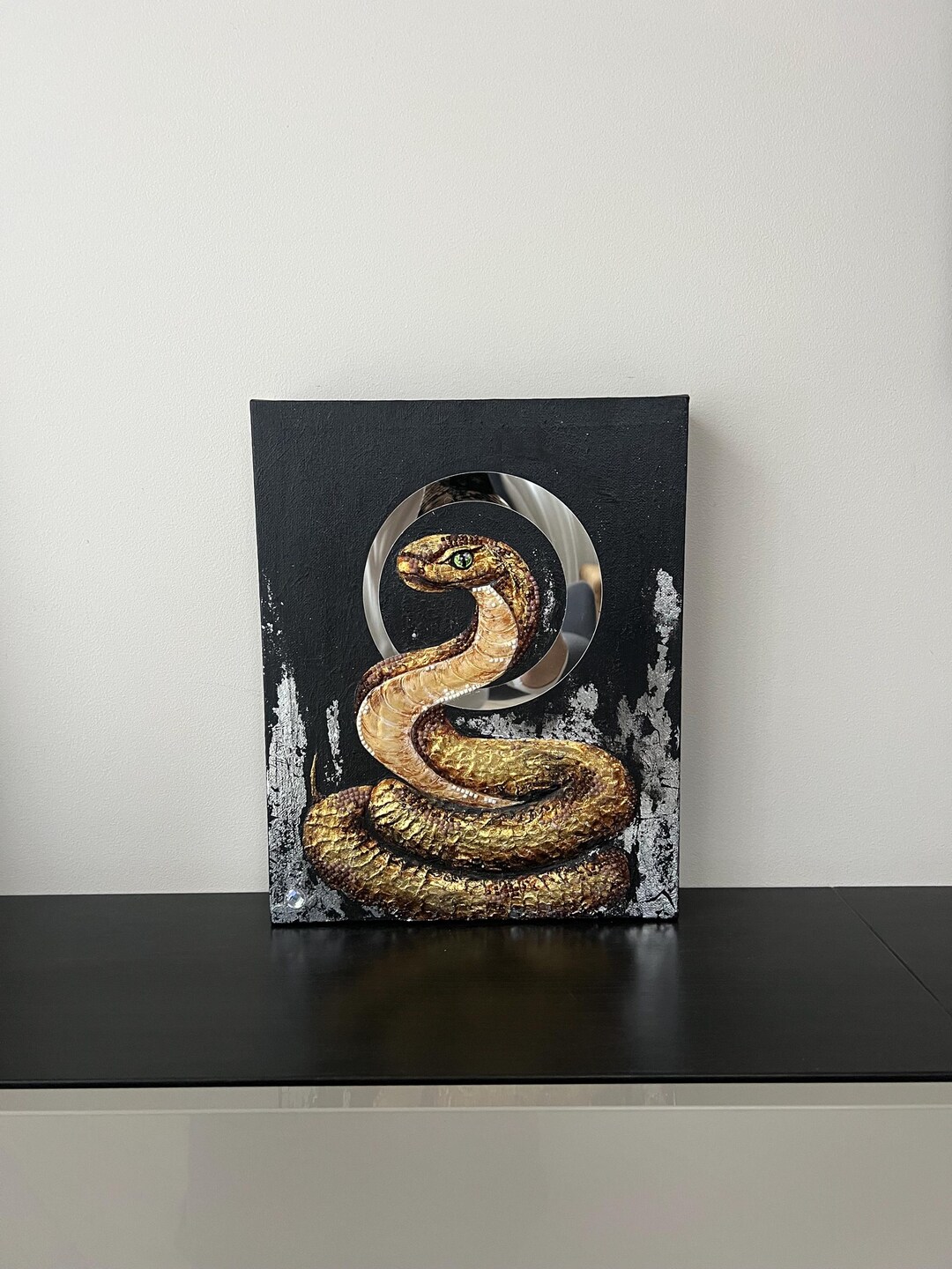 Textured Snake Painting: Handmade Acrylic Art With Rhinestones & Mirror ...