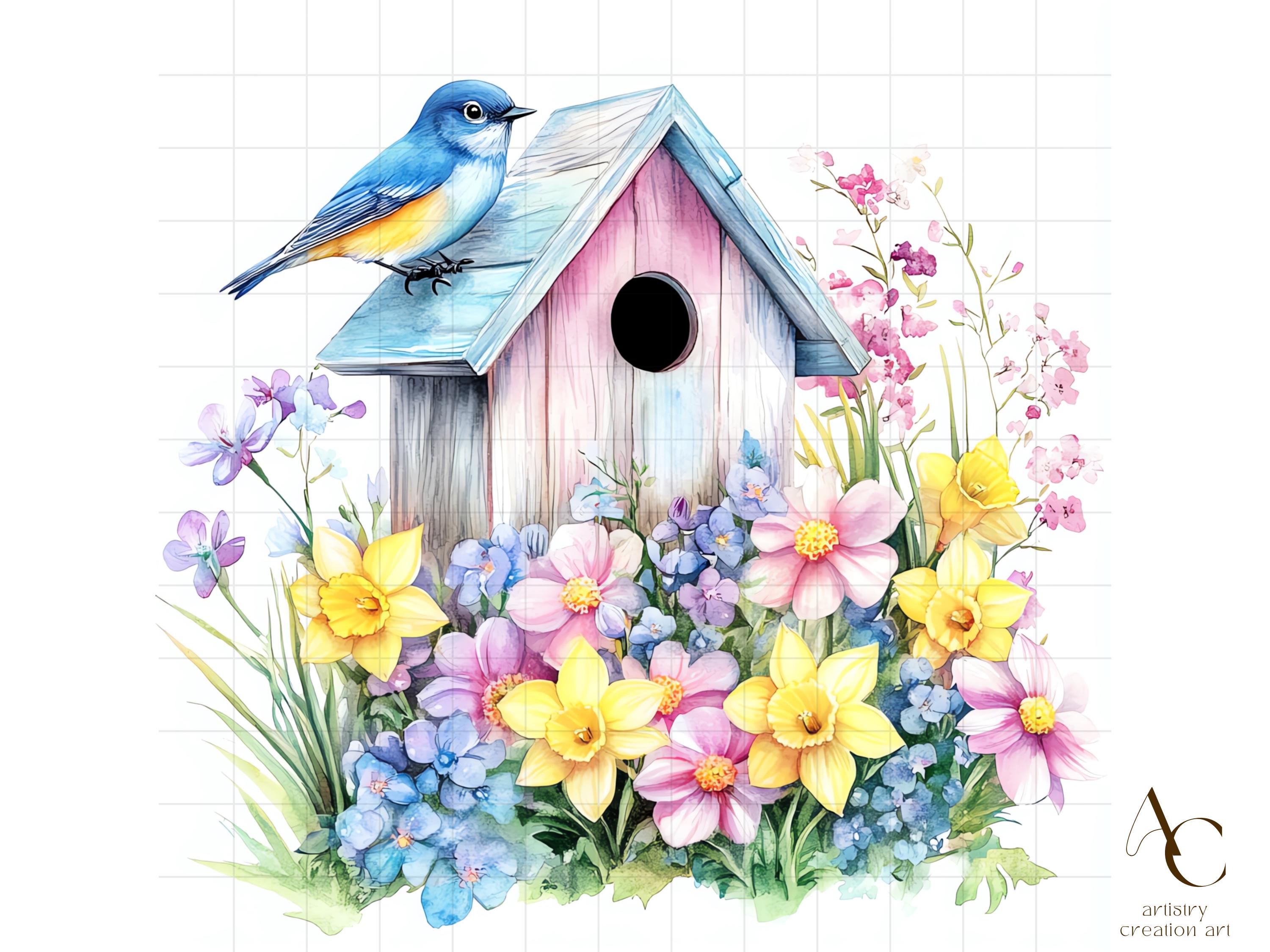 12 Spring Birdhouse Clipart, Bird Floral JPG, Bluebird Wildflower, Wild ...
