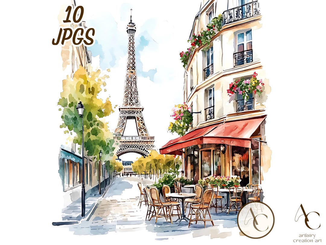 10 Paris Cityscape Art, Parisian Cafe JPG, Watercolor Painting Clipart ...