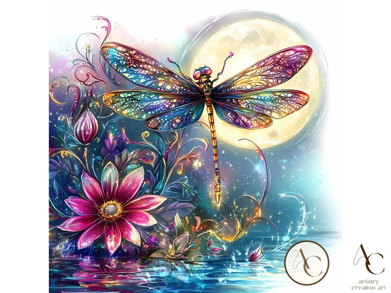Dragonfly Clipart Bundle, Tropical Moon JPG, Insect Paper, Watercolor ...
