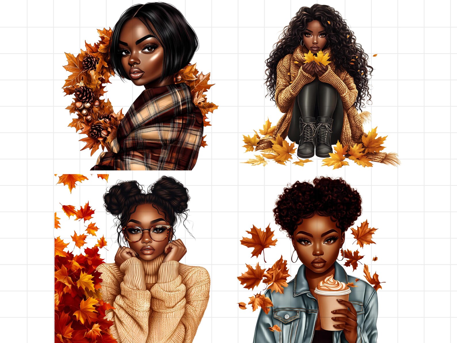 19 Fall Black Girl PNG Bundle, Autumn Season, Cozy Women, Thanksgiving ...