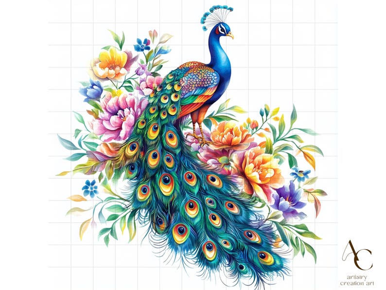 10 Tropical Peacock Clipart, Watercolor Flower JPG, Floral Bloom ...