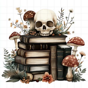 12 Cottagecore Books Clipart, Skull Bookish JPG, Mushroom Flower ...