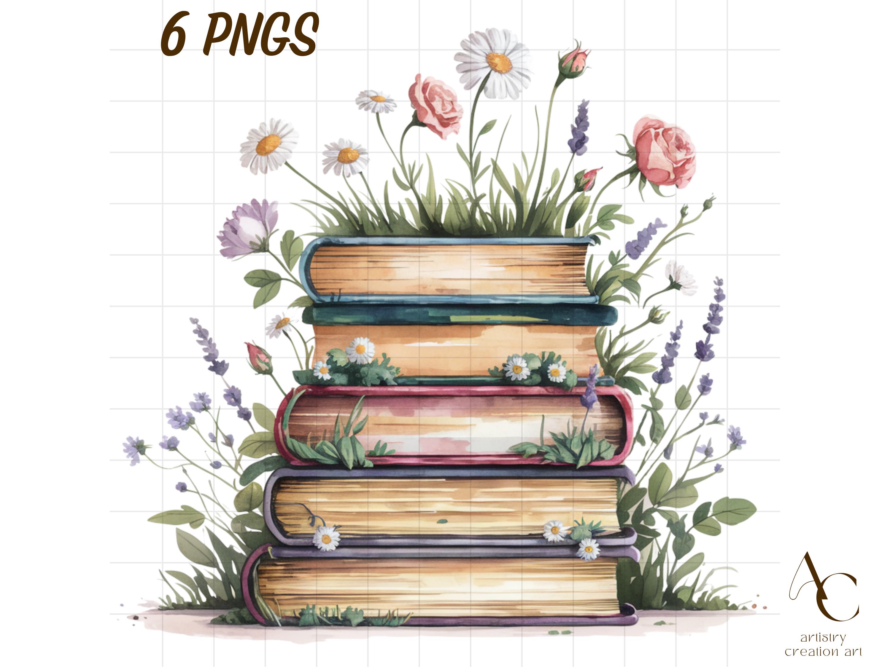 6 Floral Books Clipart, Watercolor Bookstack, Book Lover Png ...