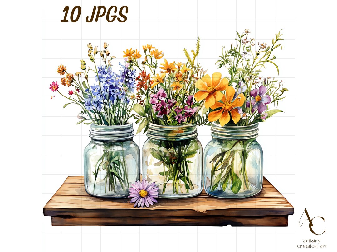 10 Jars of Wildflowers Clipart, Flower Vase JPG, Watercolor Floral ...