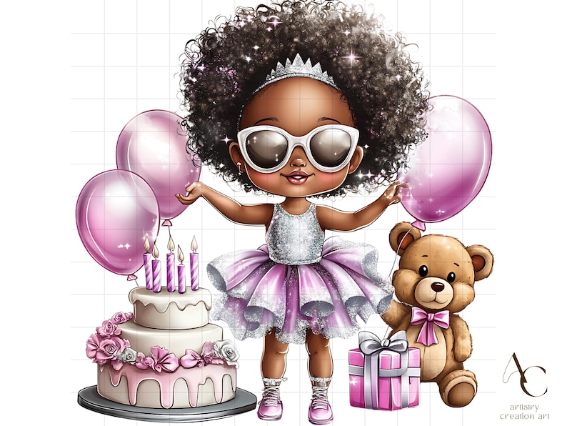 10 Black Birthday Girl Clipart, Pink Princess, Glitter Afro Child Png ...